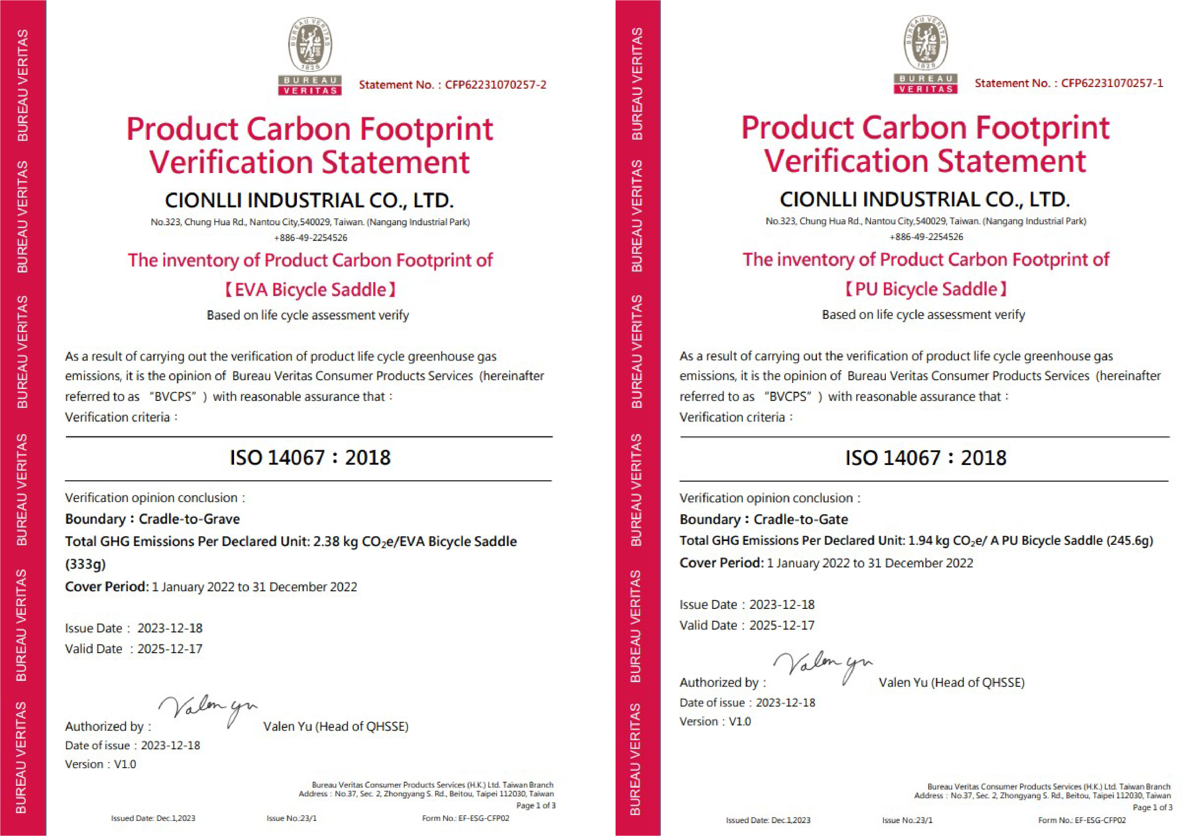 Product Carbon Footprint Verification Statement - cionlli